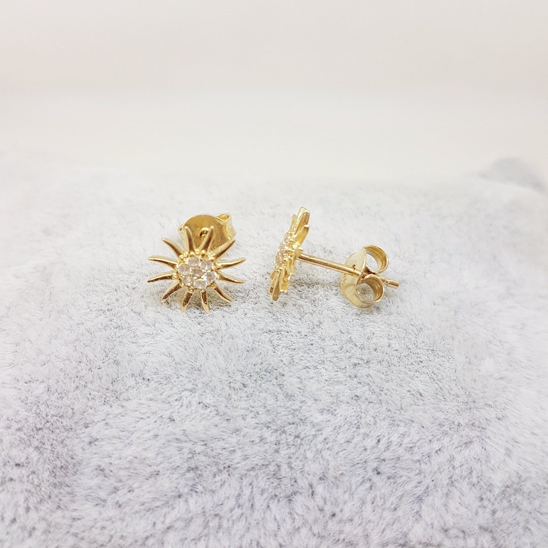 14K Real Solid Gold Sun Stud Earrings for Women , Sun Earrings Studs ...