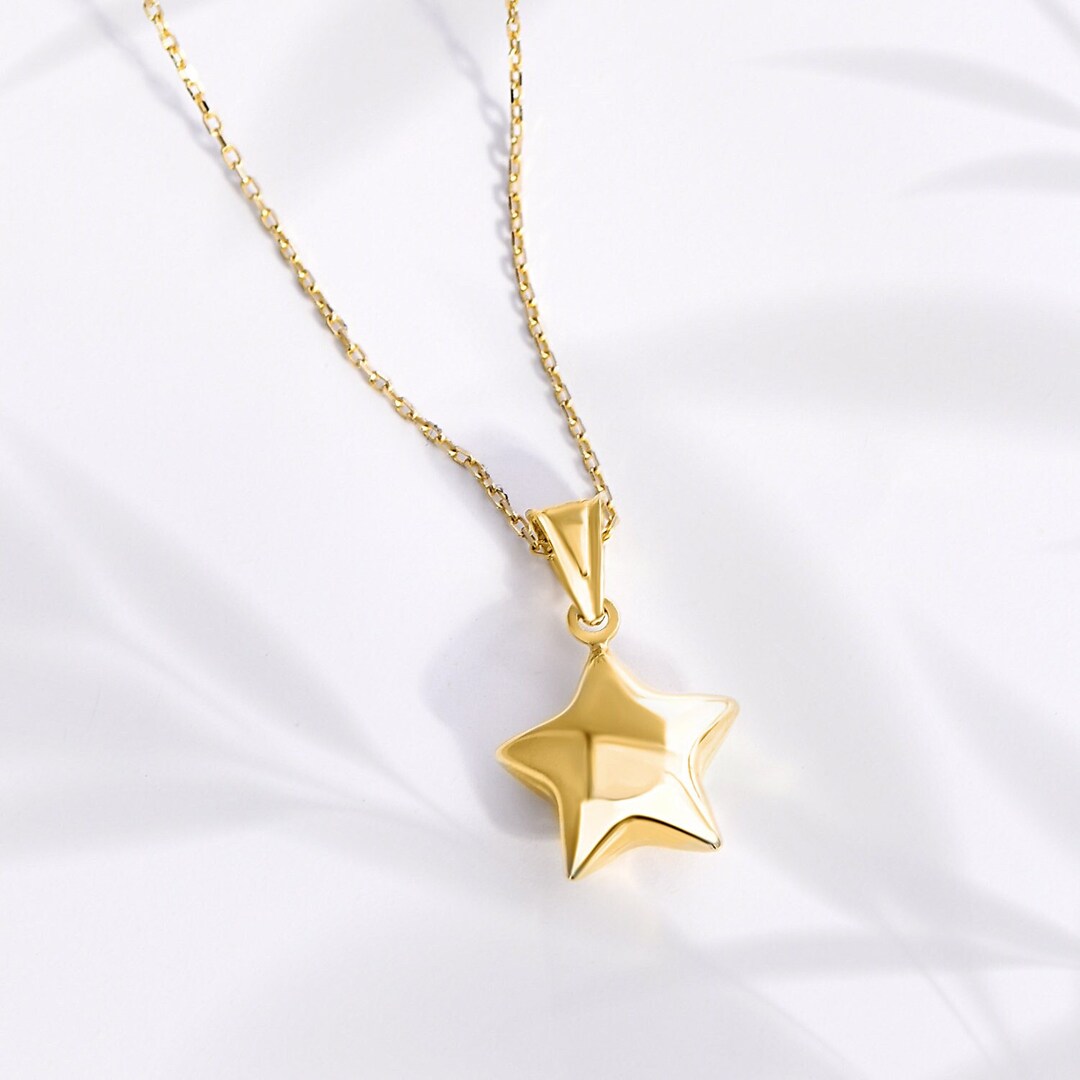 14K Real Solid Gold Puff Star Necklace for Women , Best Birthday Gift ...