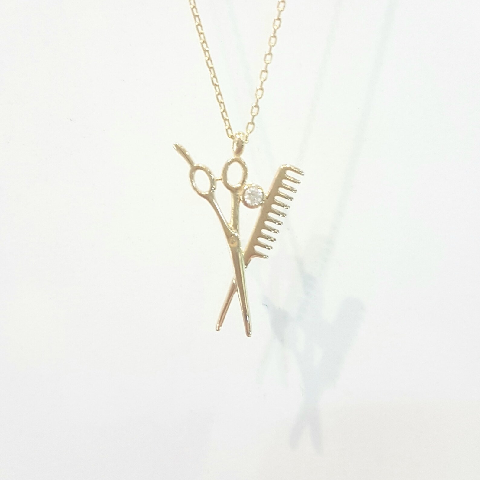 14K Real Solid Gold Scissors and Comb Pendant Necklace Hair - Etsy