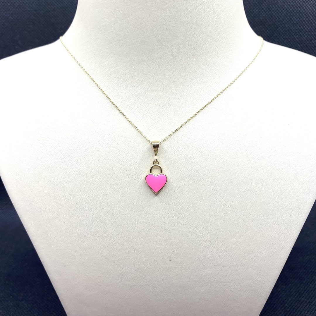 14K Real Solid Gold Pink Heart Necklace for Women , Gold Heart Pendant ...