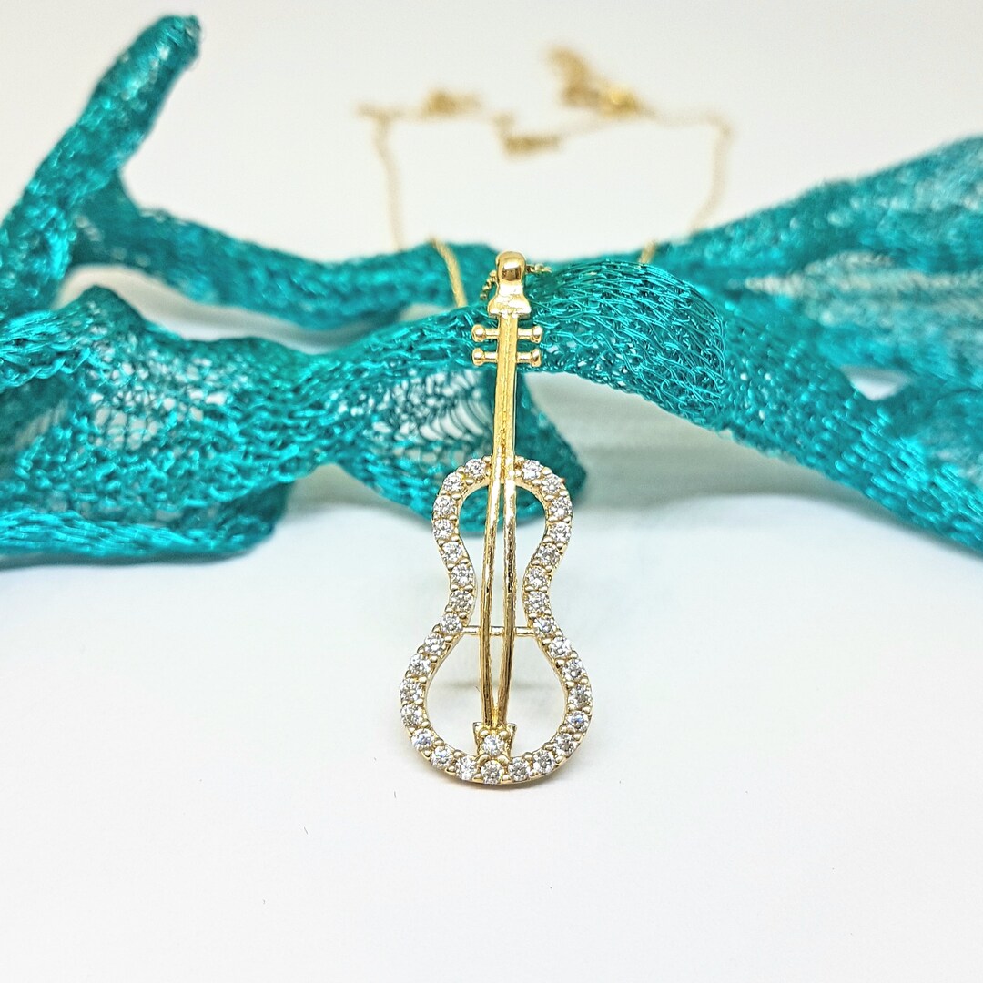 14K Real Solid Gold Violin Bass Guitar Necklace for Women , Charm ...