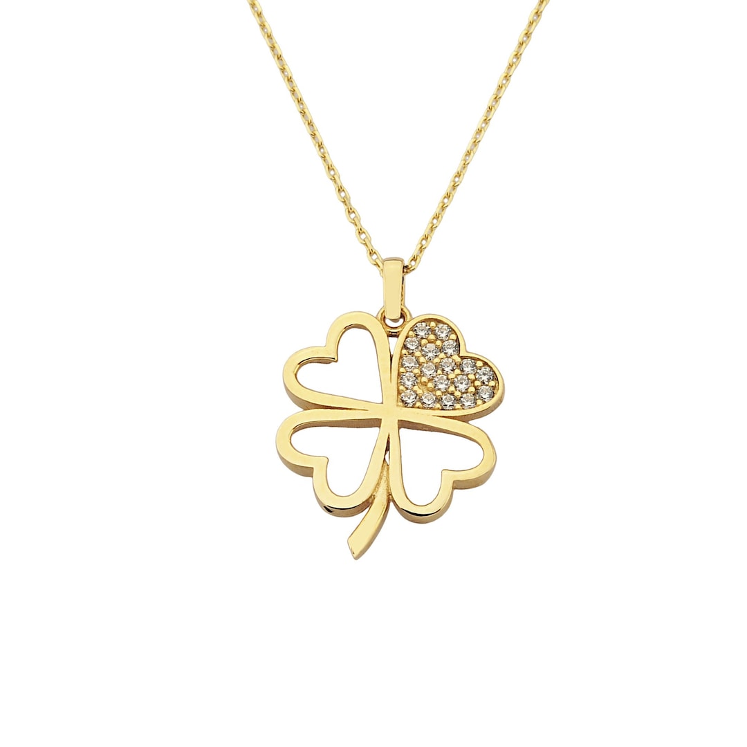 14K Real Solid Gold CZ Four Leaf Clover Necklace for Women , Lucky ...