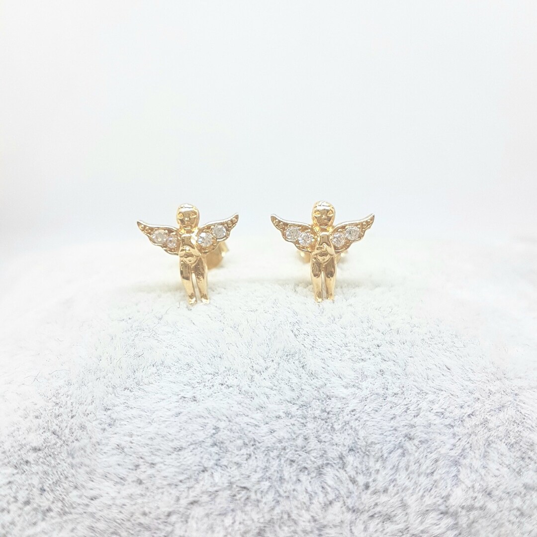 14K Solid Gold Angel Stud Earrings for Women , Gift for Her , Guardian ...
