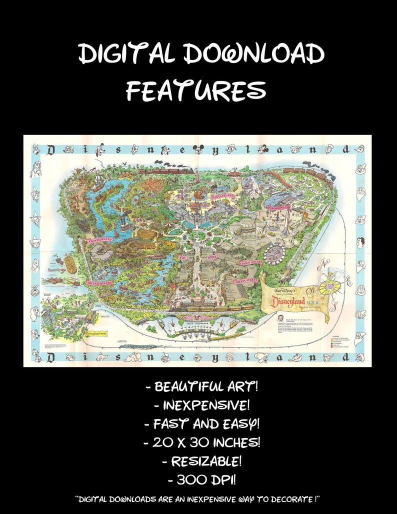 Disneyland Attraction Posters - Vintage 1962 Anaheim USA Park Map 20X30 ...