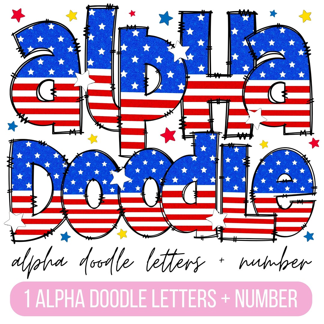 American Flag Glitter Doodle Alphabet, Patriotic Doodle Letters, 4th of ...