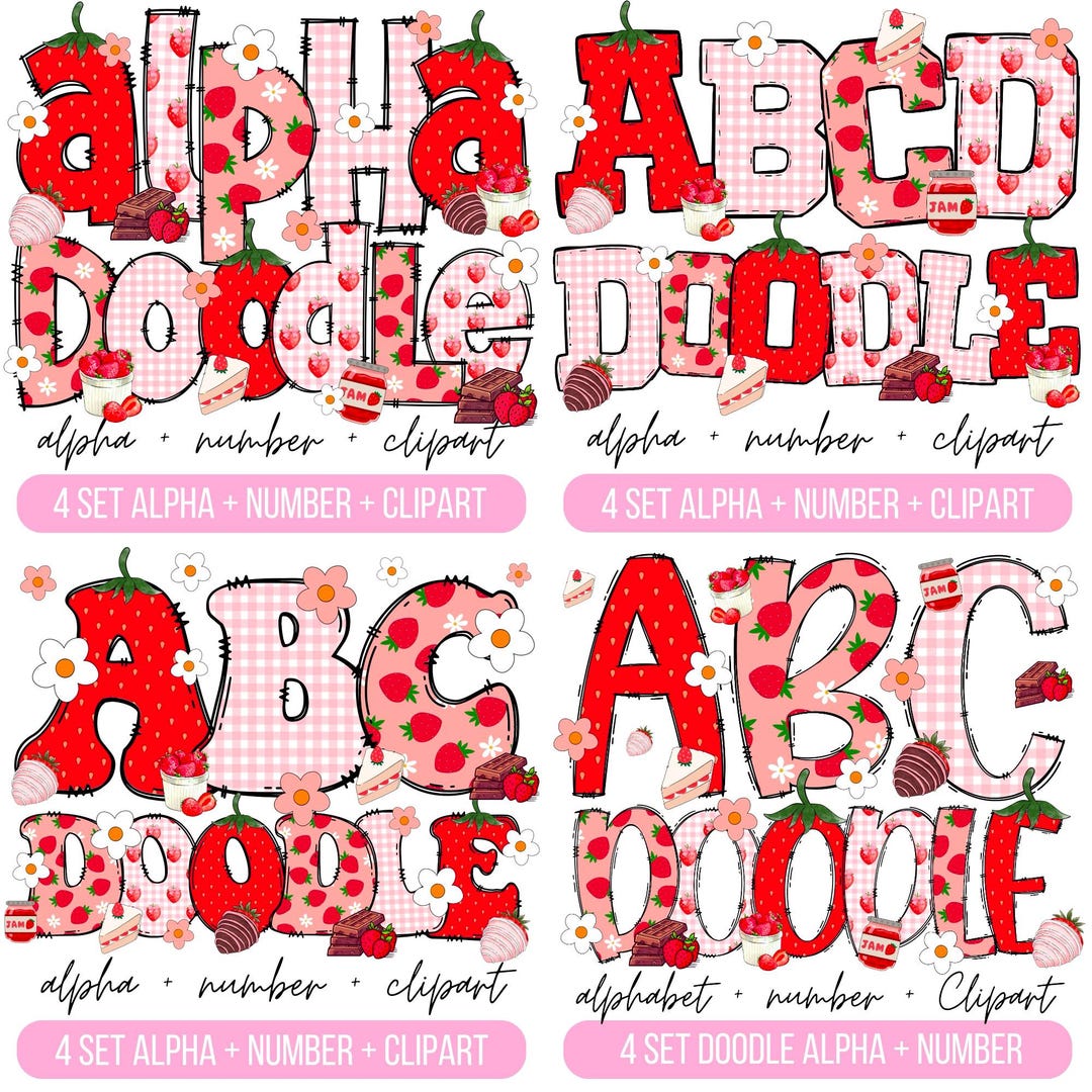 Pack4 Strawberry Doodle Alphabet Bundle, Summer Fruits PNG Letters ...