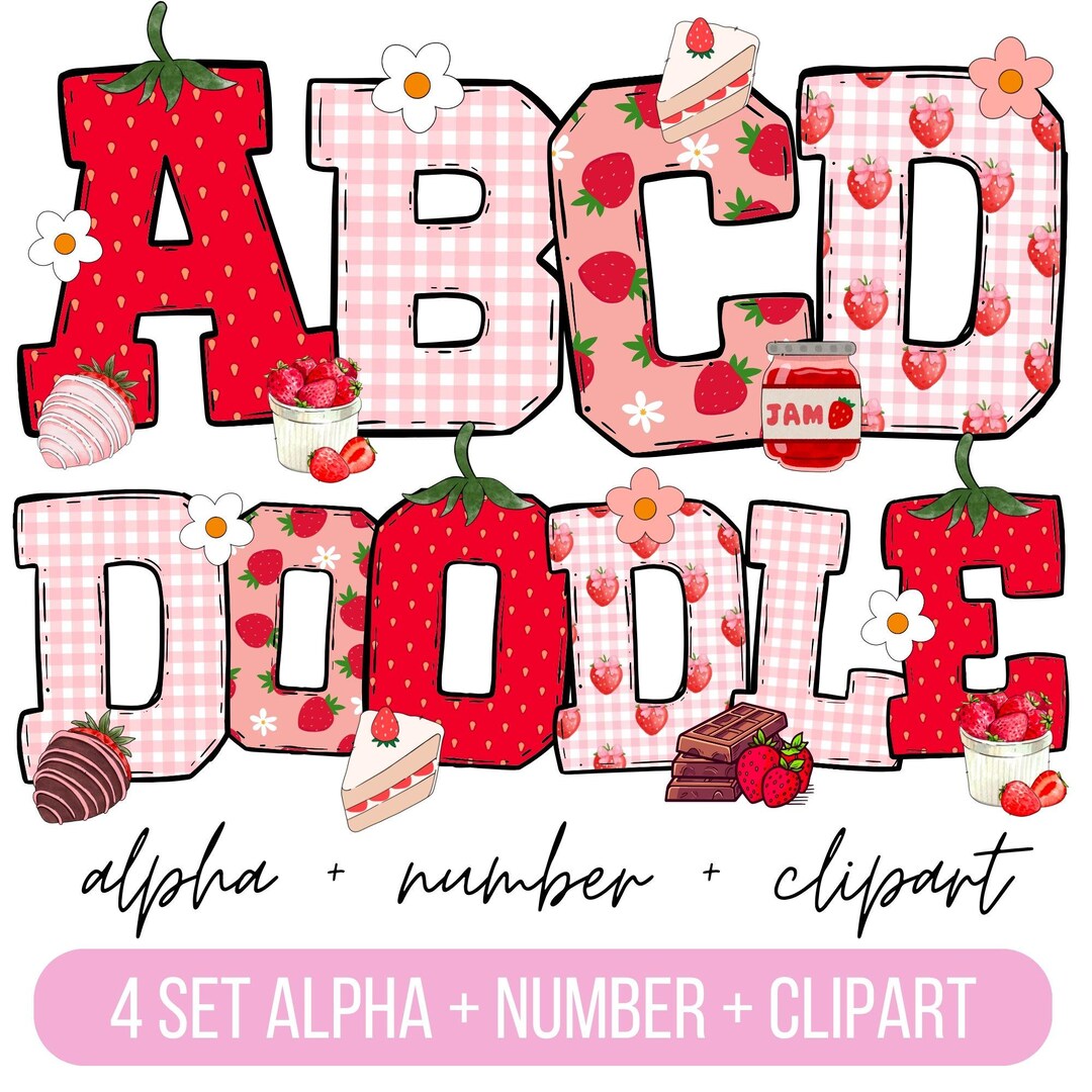 Strawberry Doodle Alphabet Bundle, Summer Fruits PNG Letters, Numbers ...