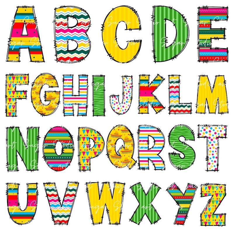 Fiesta Doodle Alphabet Bundle, Fiesta PNG Letters, Numbers ...