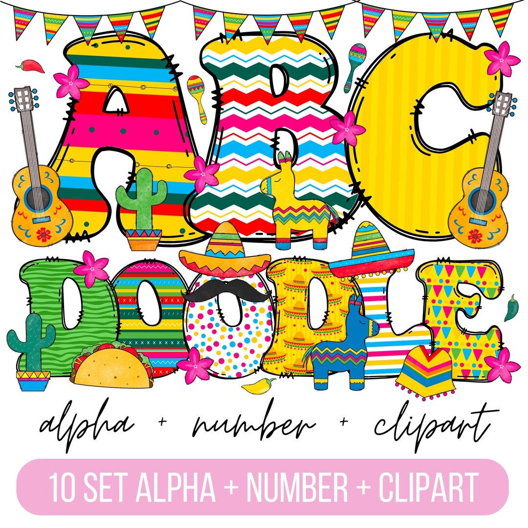 Fiesta Doodle Alphabet Bundle, Fiesta PNG Letters, Numbers ...