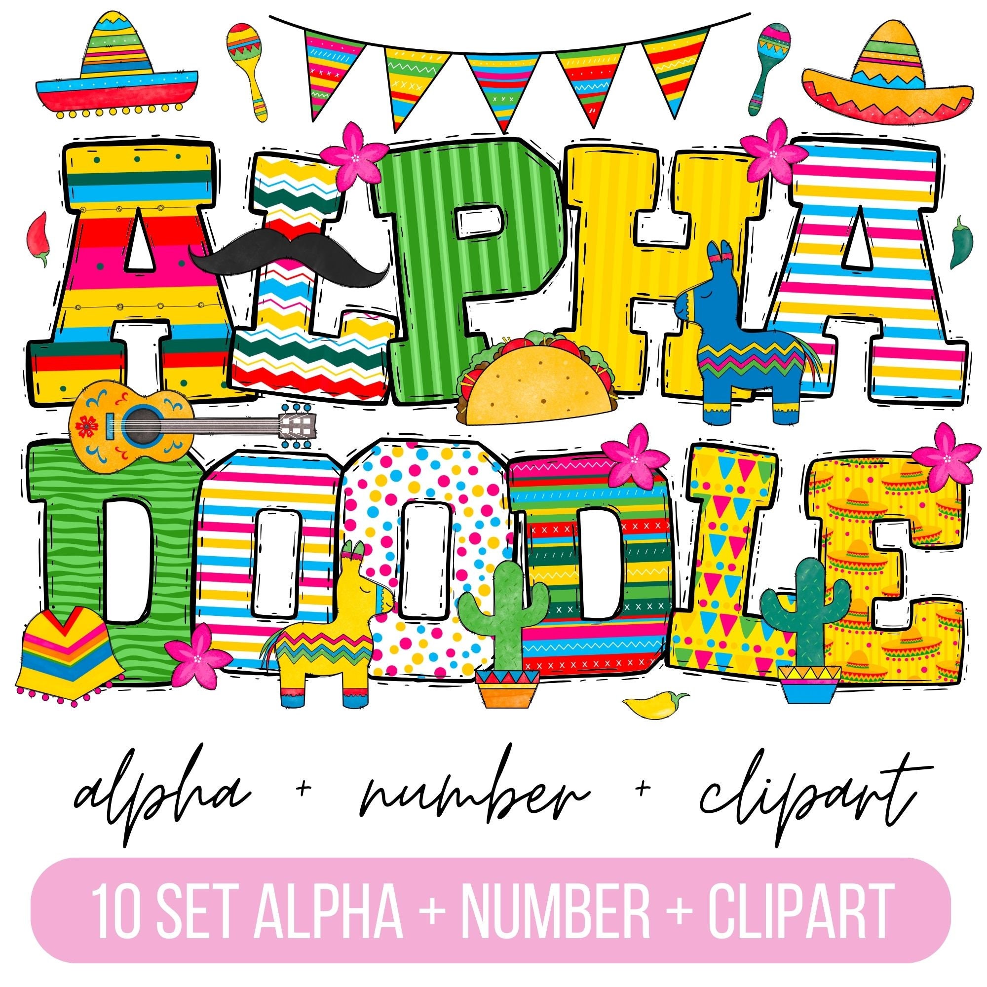 Fiesta Doodle Alphabet Bundle, Fiesta PNG Letters, Numbers ...