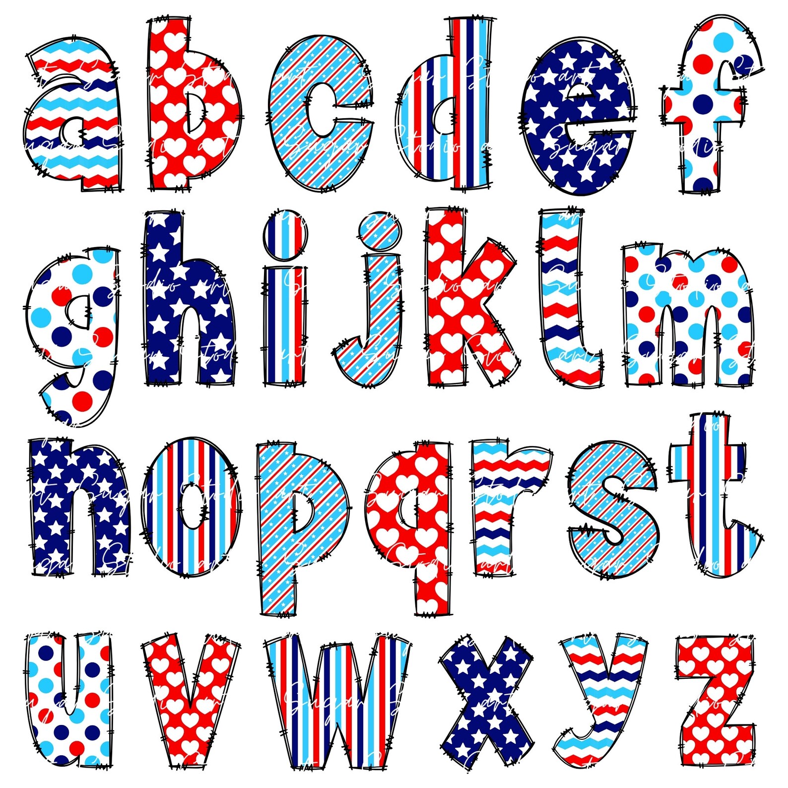 Patriotic Doodle Alphabet Bundle, 4th of July PNG Letters, Numbers ...