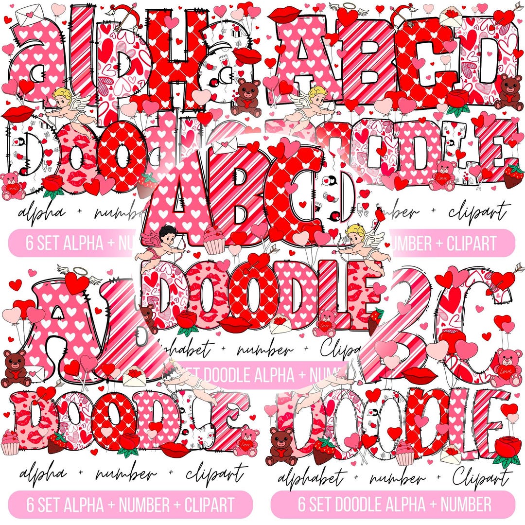 Pack5 Valentine Doodle Letters, Valentines Alphabet PNG, Valentines Day ...