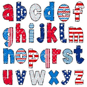 Patriotic Doodle Alphabet Bundle, 4th of July PNG Letters, Numbers ...