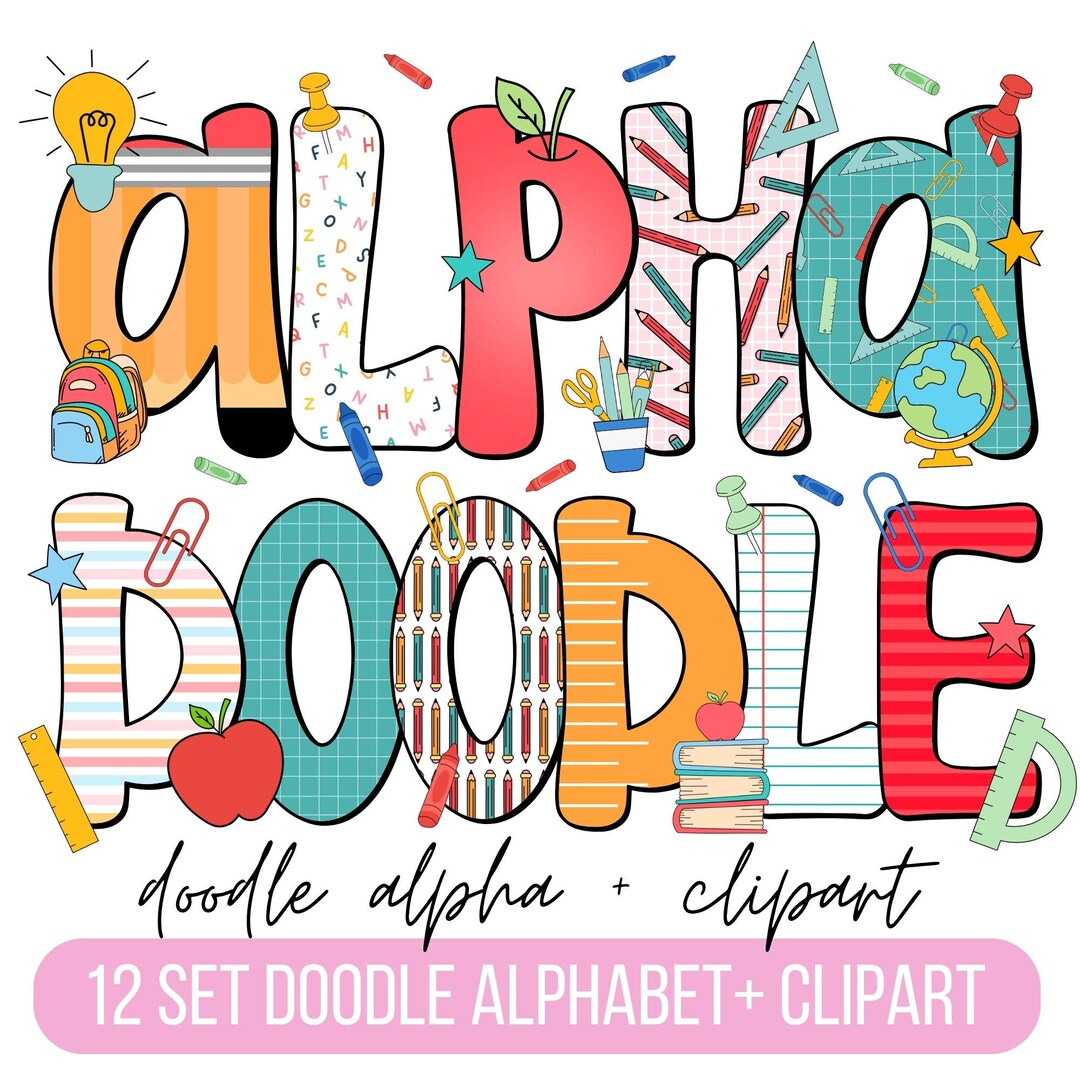 Preppy School Teacher Doodle Alphabet Bundle, Teacher PNG Letters ...