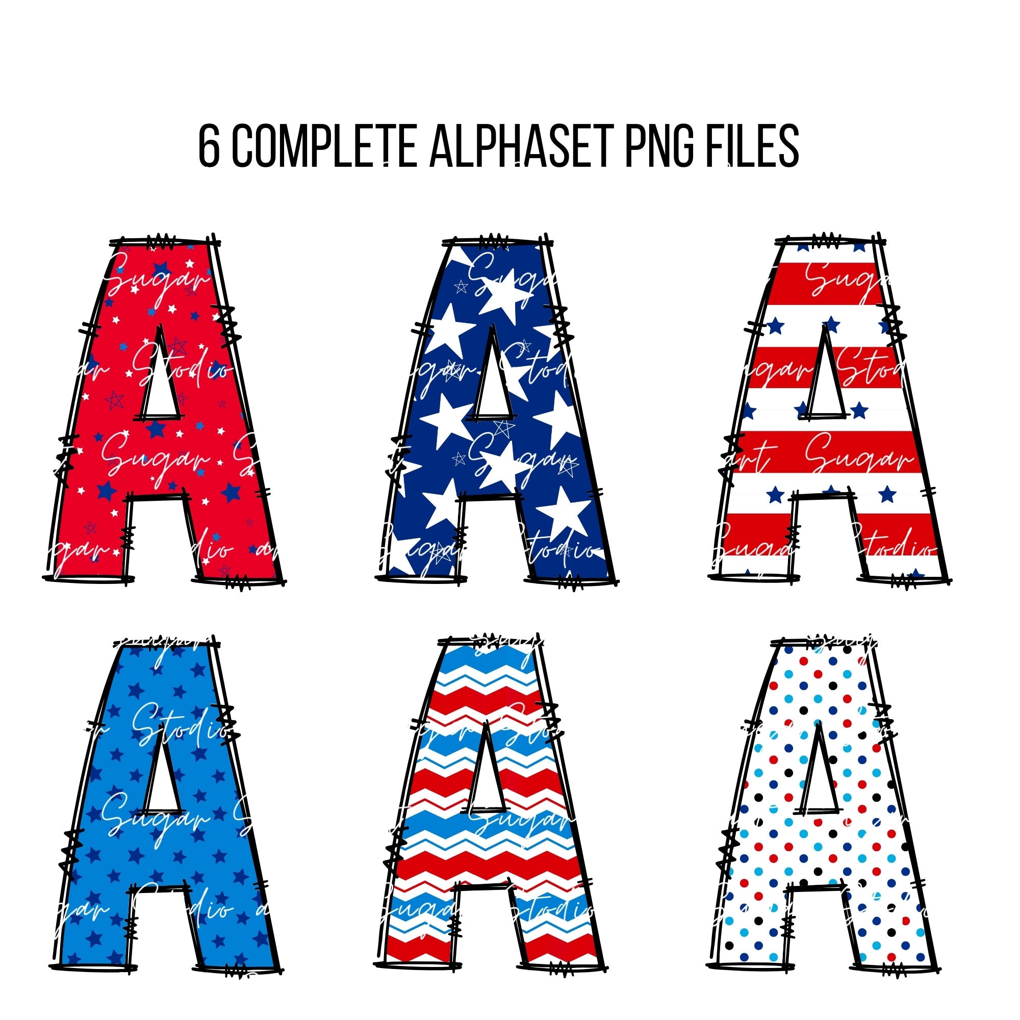 Patriotic Doodle Alphabet Bundle, 4th of July PNG Letters, Numbers ...