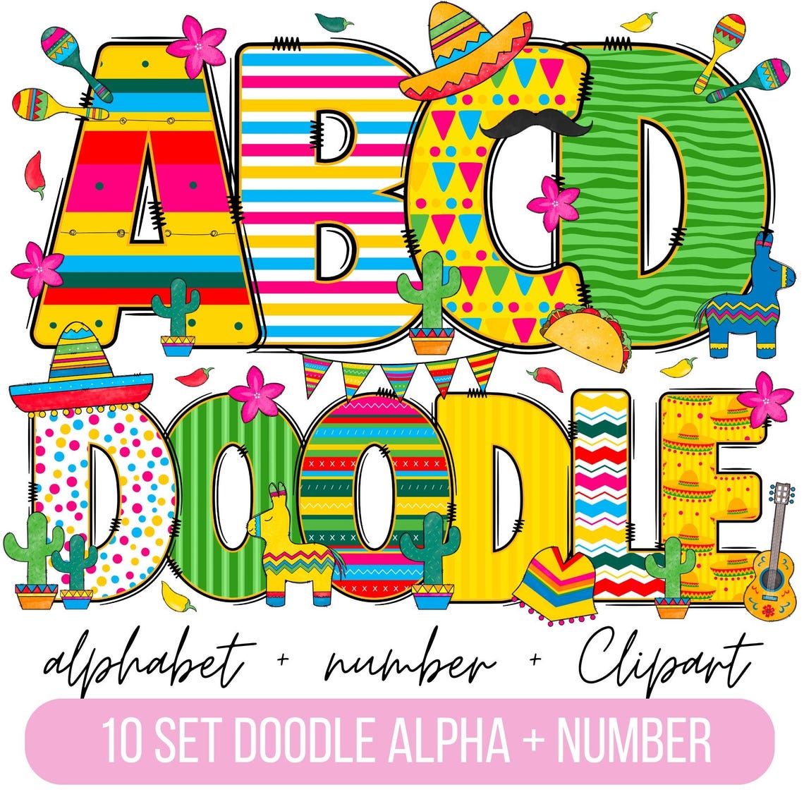 Fiesta Doodle Alphabet Bundle, Fiesta PNG Letters, Numbers ...
