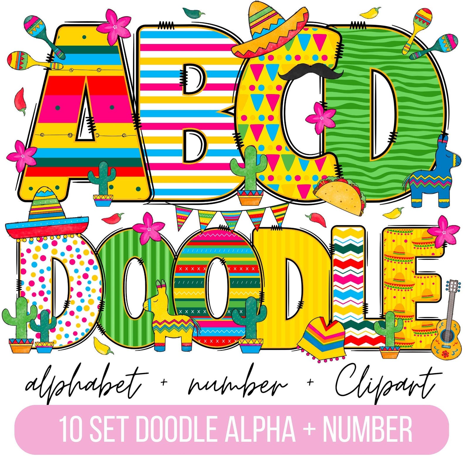 Fiesta Doodle Alphabet Bundle, Fiesta PNG Letters, Numbers ...