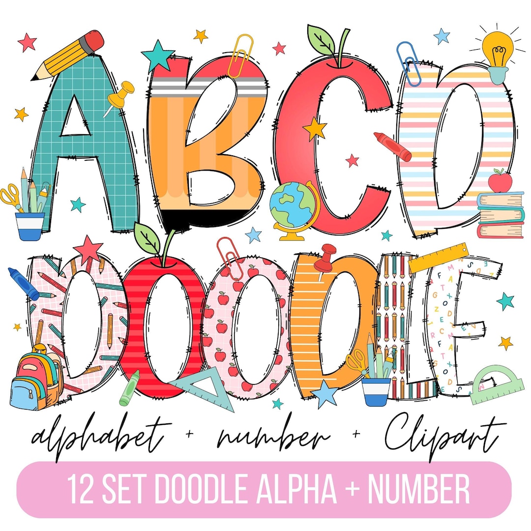 Retro Back to School Teacher Doodle Alphabet Bundle, Teacher PNG ...