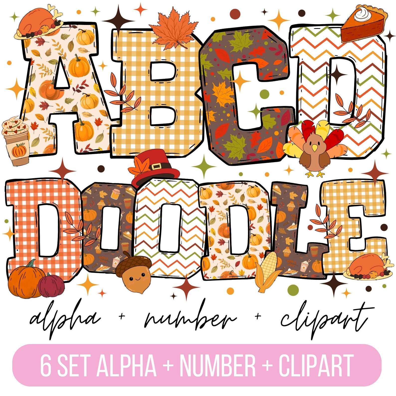 Thanksgiving Doodle Alphabet Bundle, Autumn PNG Letters, Numbers ...