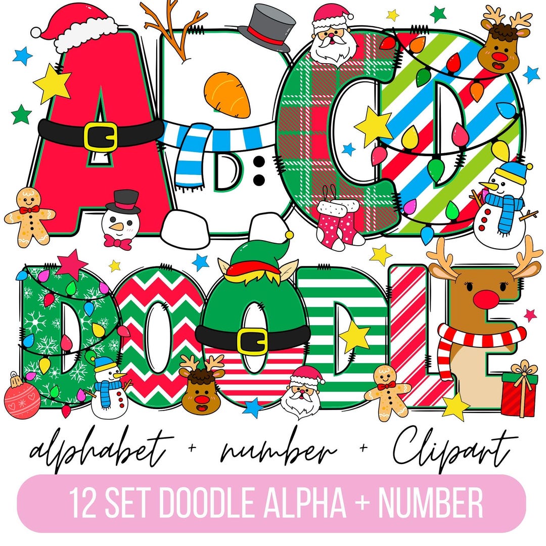 Christmas Doodle Alphabet Bundle, Santa PNG Letters, Numbers ...