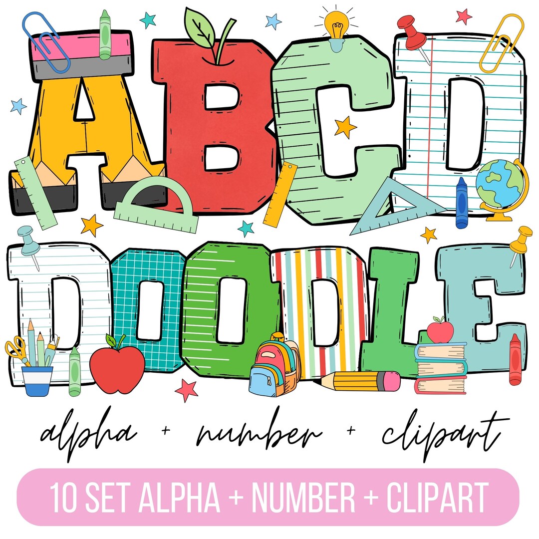 School Teacher Doodle Alphabet Bundle, Teacher PNG Letters, Numbers ...