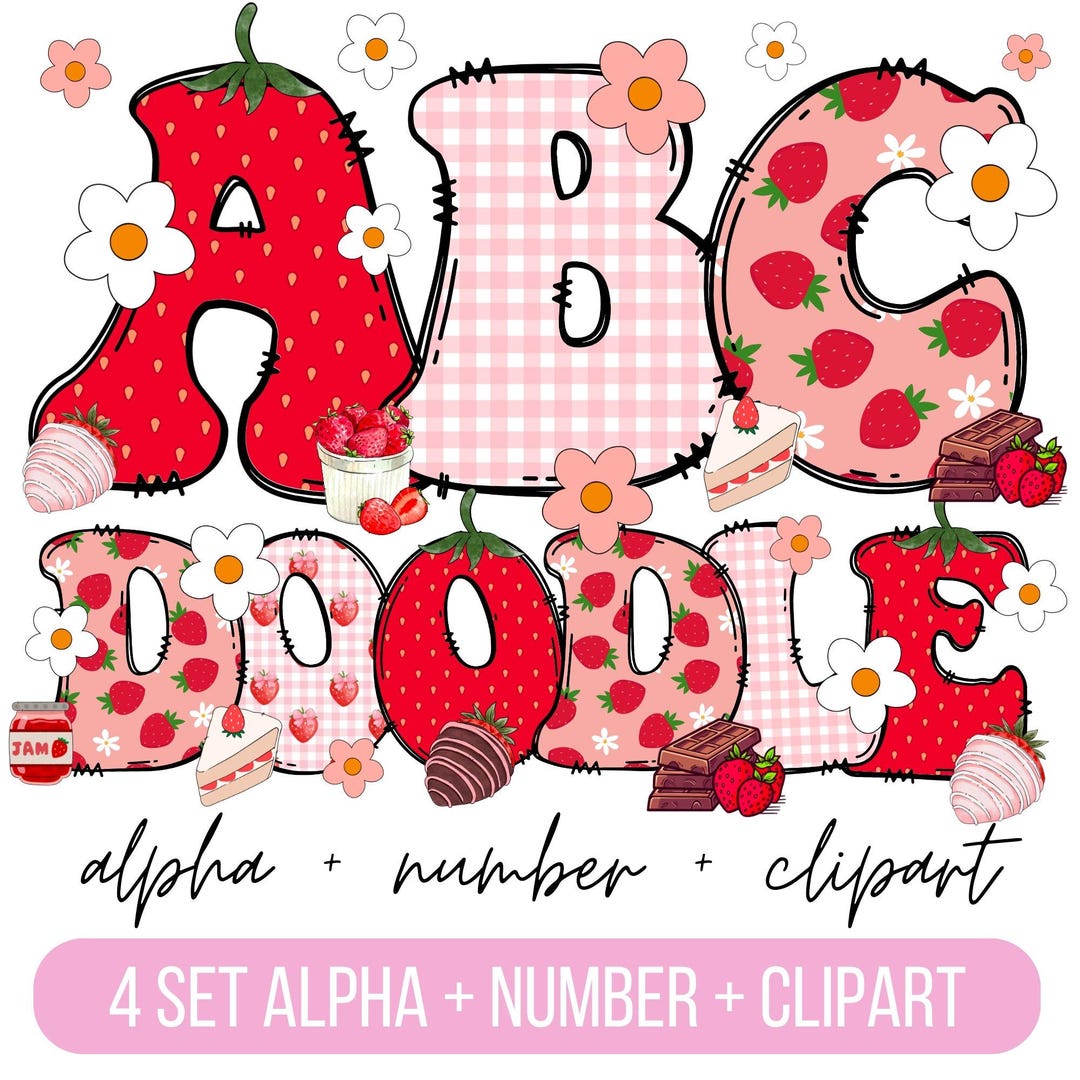 Strawberry Doodle Alphabet Bundle, Summer Fruits PNG Letters, Numbers ...