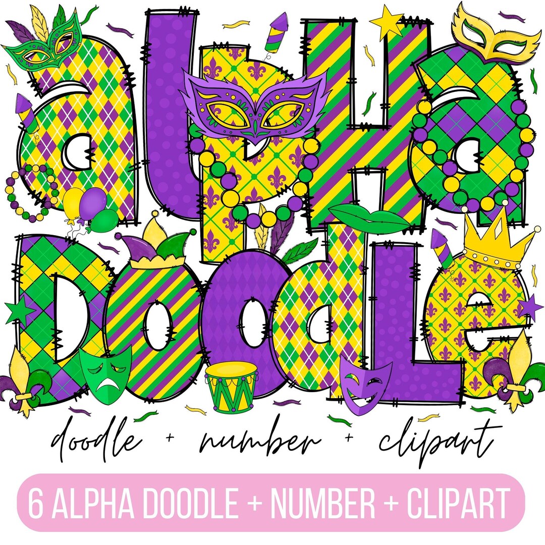Mardi Gras Doodle Letters With Clip Art PNG Files, Make Your Own Name ...