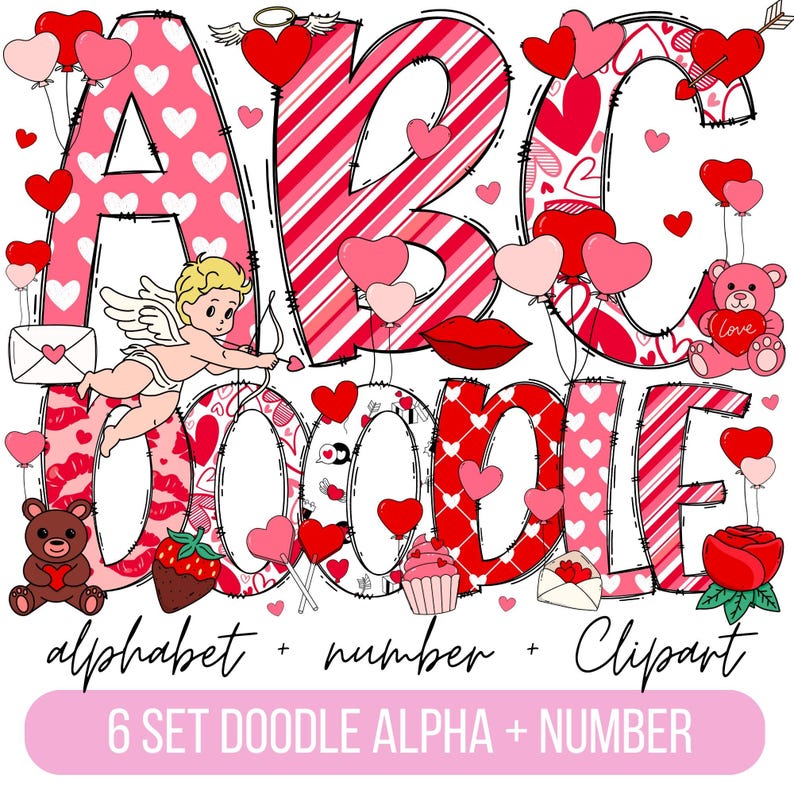 Valentine Doodle Letters PNG, Valentines Alphabet PNG, Valentines Day ...