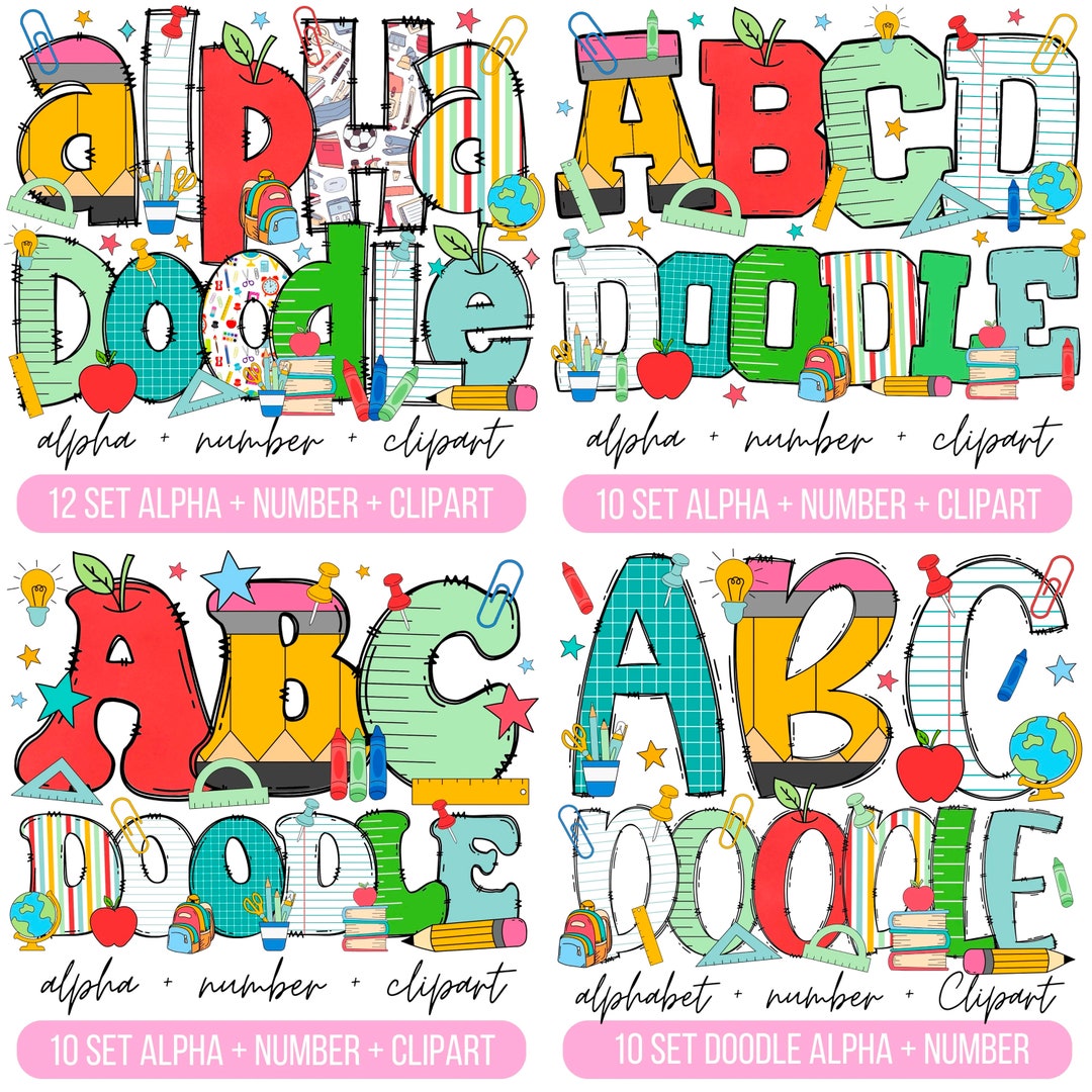 Pack4 School Teacher Doodle Alphabet Bundle, Teacher PNG Letters ...