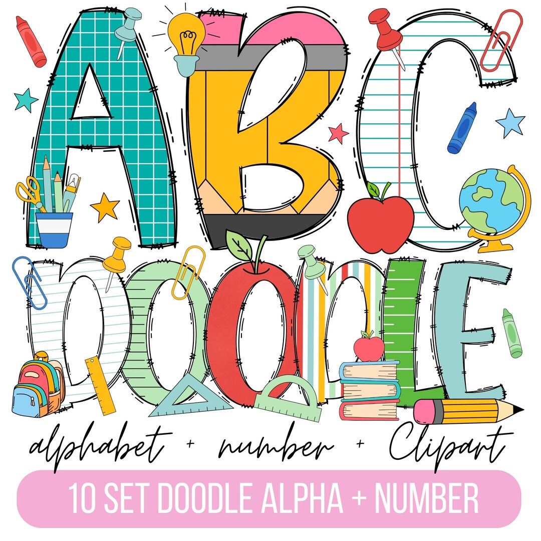School Teacher Doodle Alphabet Bundle, Teacher PNG Letters, Numbers ...