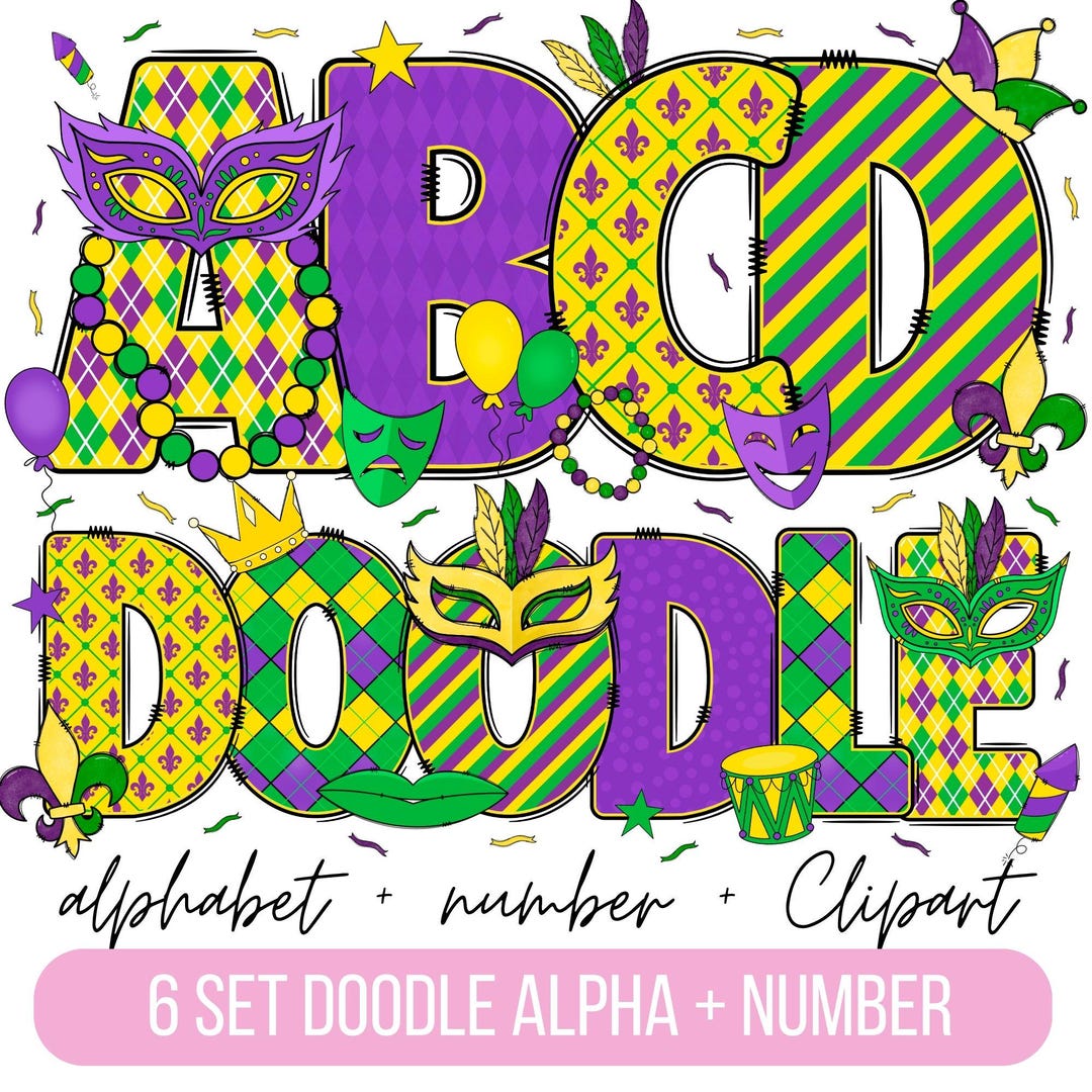 Mardi Gras Doodle Letters With Clip Art PNG Files, Make Your Own Name ...