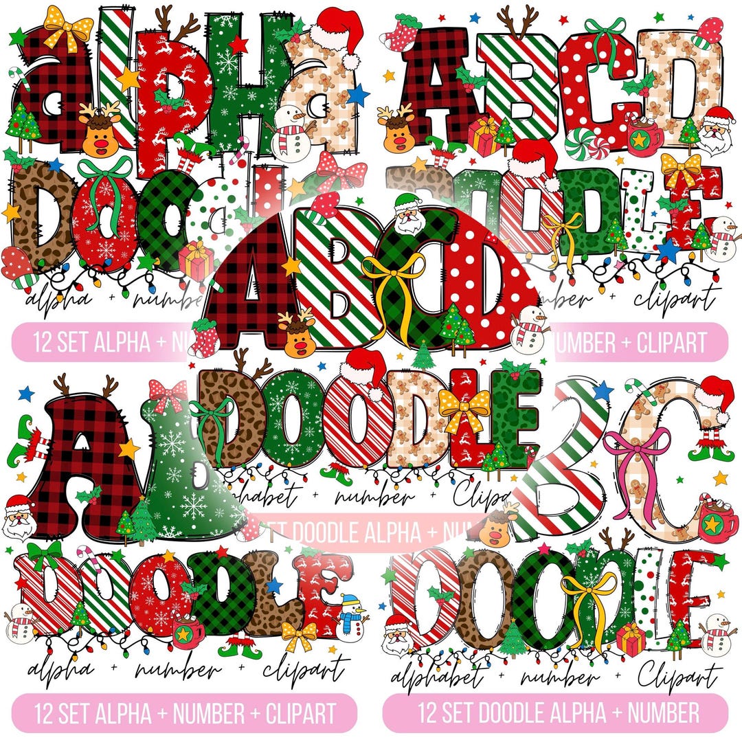Pack5 Christmas Doodle Letters, Christmas Alphabet PNG, Christmas ...