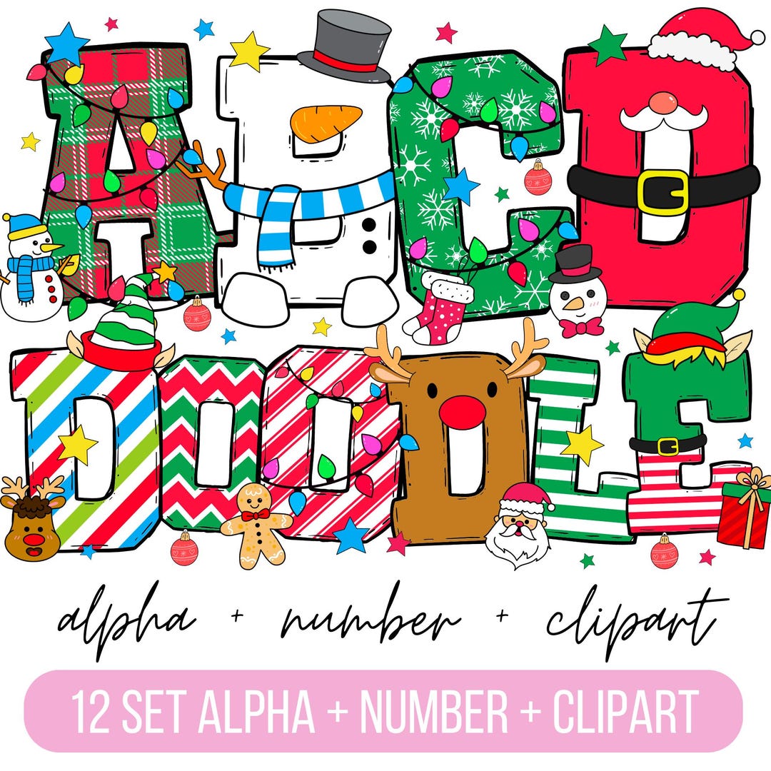 Christmas Doodle Alphabet Bundle, Santa PNG Letters, Numbers ...