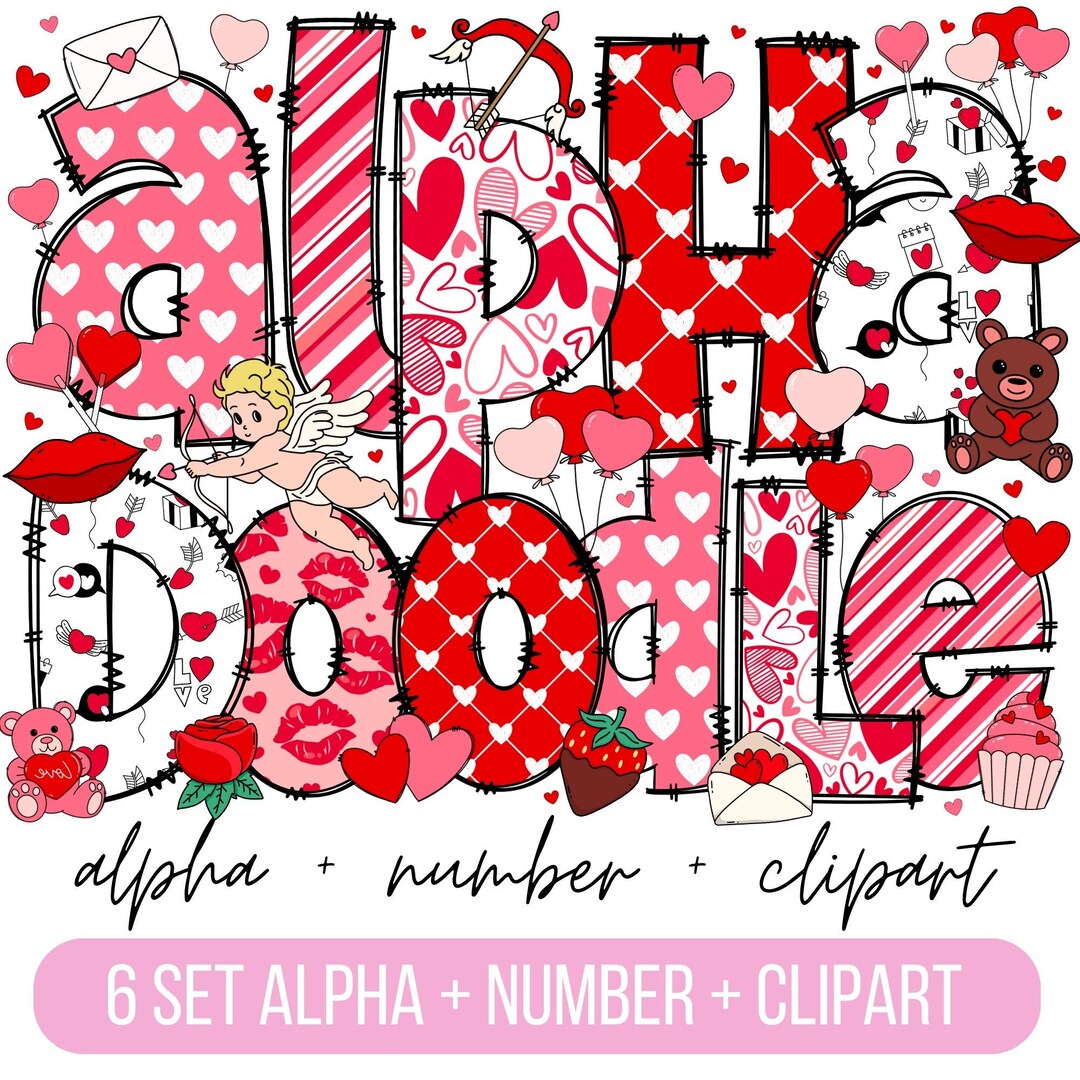 Valentine Doodle Letters, Valentines Alphabet PNG, Valentines Day ...