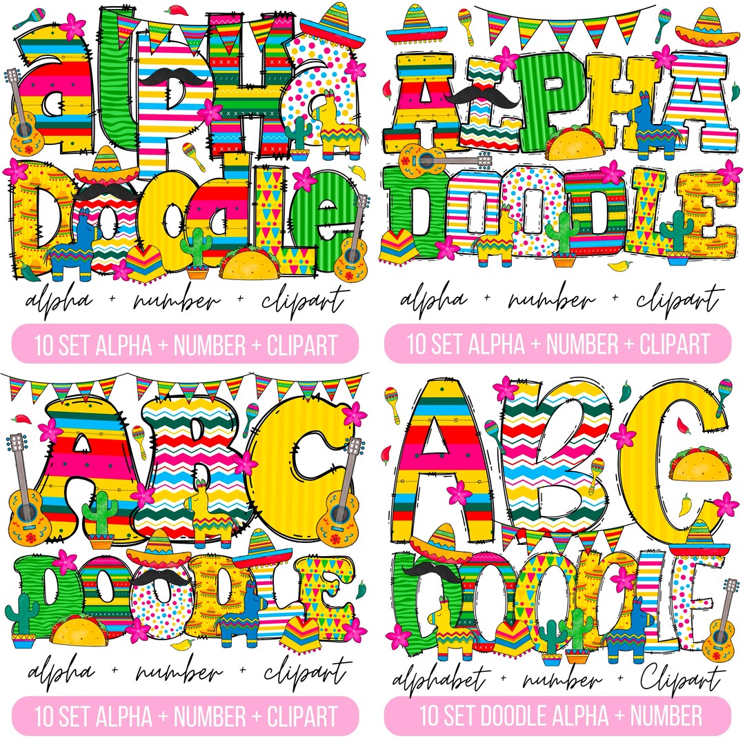 Pack 4 Fiesta Doodle Alphabet Bundle, Fiesta PNG Letters, Numbers ...
