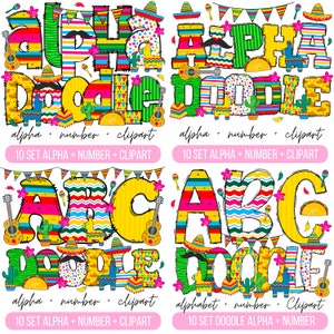 Pack 4 Fiesta Doodle Alphabet Bundle, Fiesta PNG Letters, Numbers ...