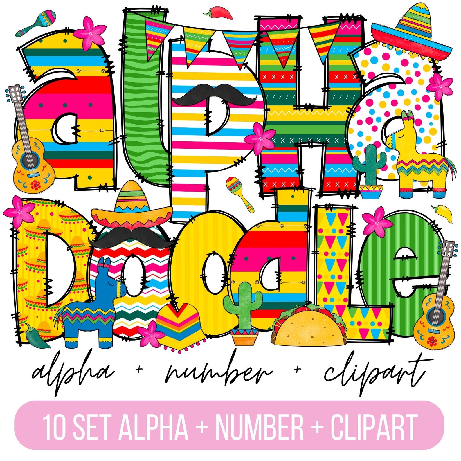 Fiesta Doodle Alphabet Bundle, Fiesta PNG Letters, Numbers ...