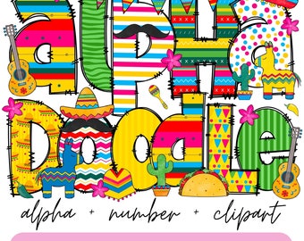 Fiesta Doodle Alphabet Bundle, Fiesta PNG Letters, Numbers ...