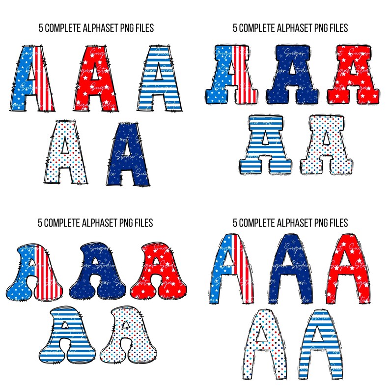 Patriotic Doodle Alphabet Bundle, 4th of July Clipart PNG, Numbers ...