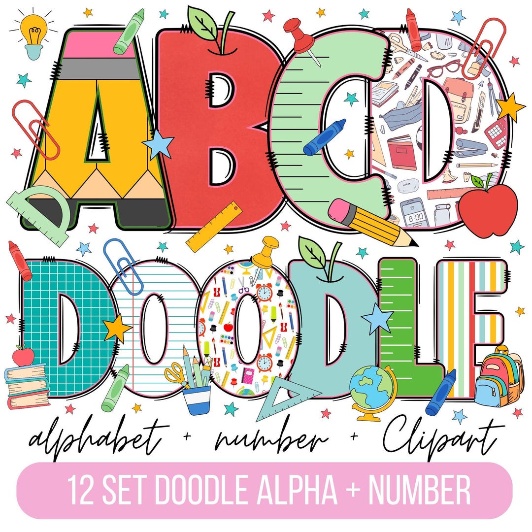 School Teacher Doodle Alphabet Bundle, Teacher PNG Letters, Numbers ...