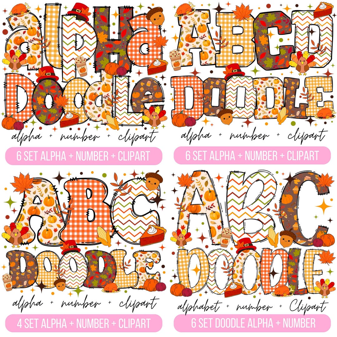 Pack4 Thanksgiving Doodle Alphabet Bundle, Autumn PNG Letters, Numbers ...