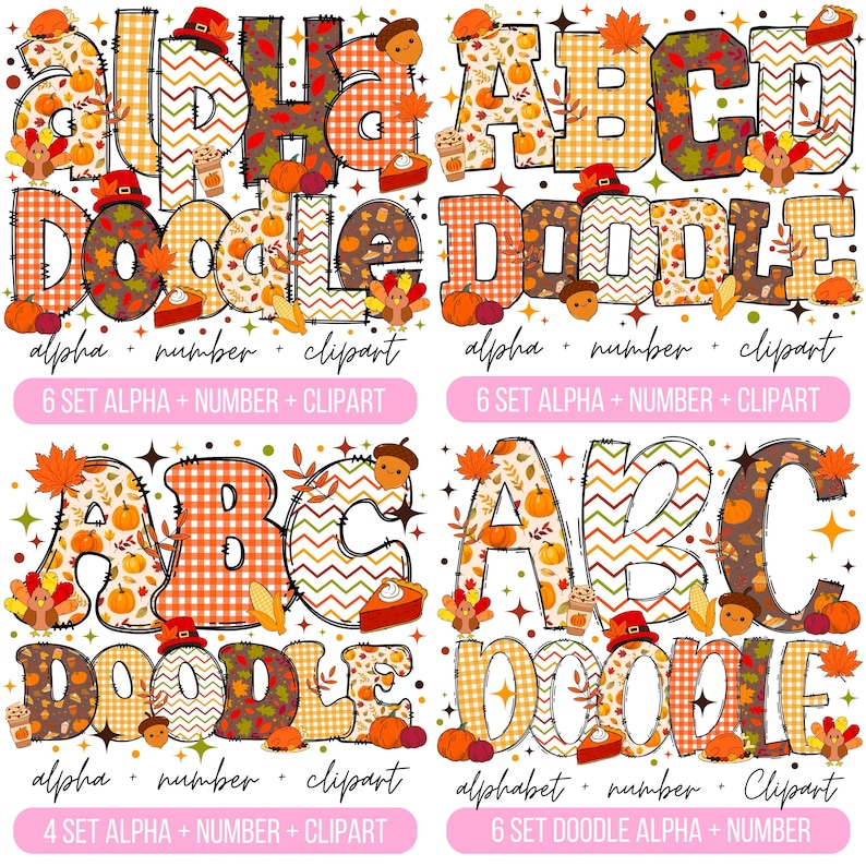 Pack4 Thanksgiving Doodle Alphabet Bundle, Autumn PNG Letters, Numbers ...