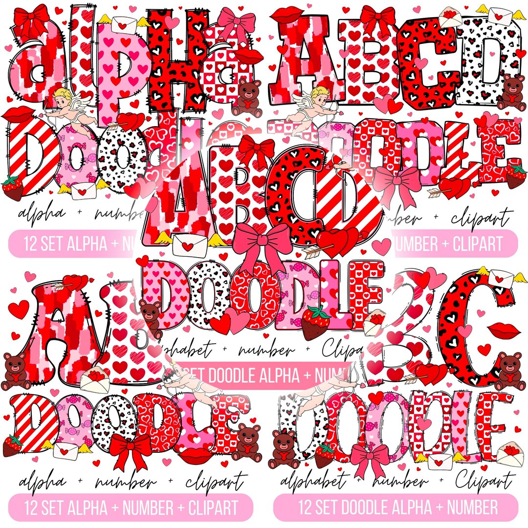 Pack5 Valentine Doodle Letters, Valentines Alphabet PNG, Valentines Day ...