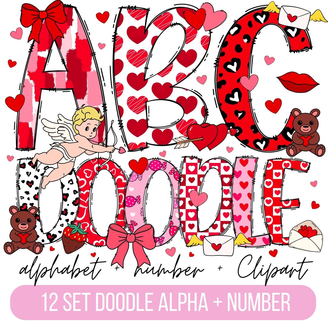 Valentine Doodle Letters V2, Valentines Alphabet PNG, Valentines Day ...