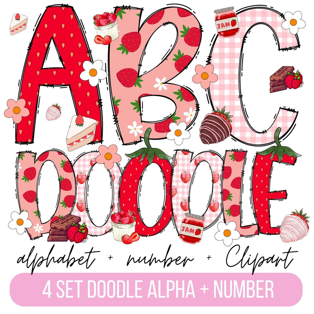 Strawberry Doodle Alphabet Bundle, Summer Fruits PNG Letters, Numbers ...