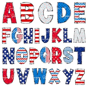 Patriotic Doodle Alphabet Bundle, 4th of July PNG Letters, Numbers ...