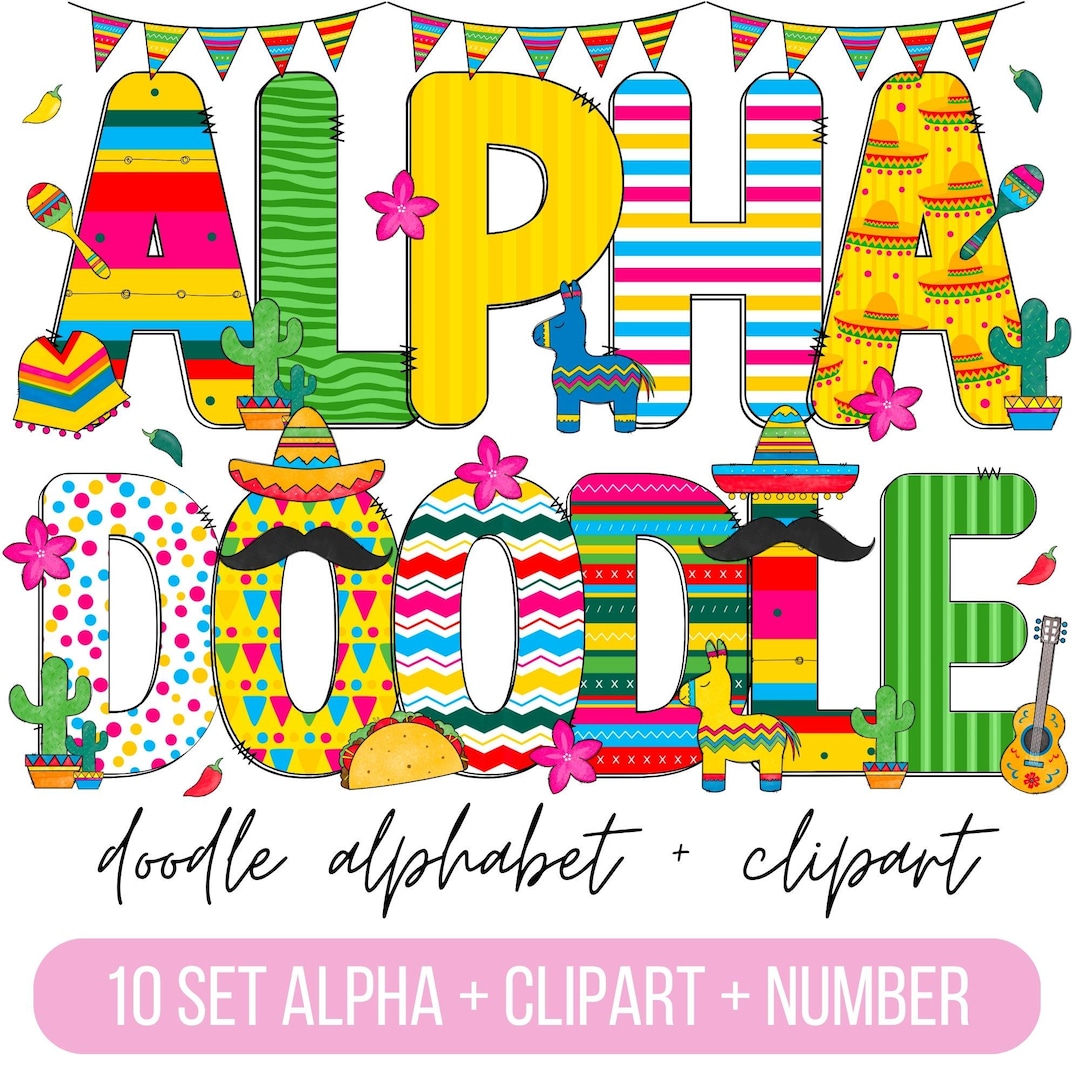 Preppy Fiesta Doodle Alphabet Bundle, Fiesta PNG Letters, Numbers ...