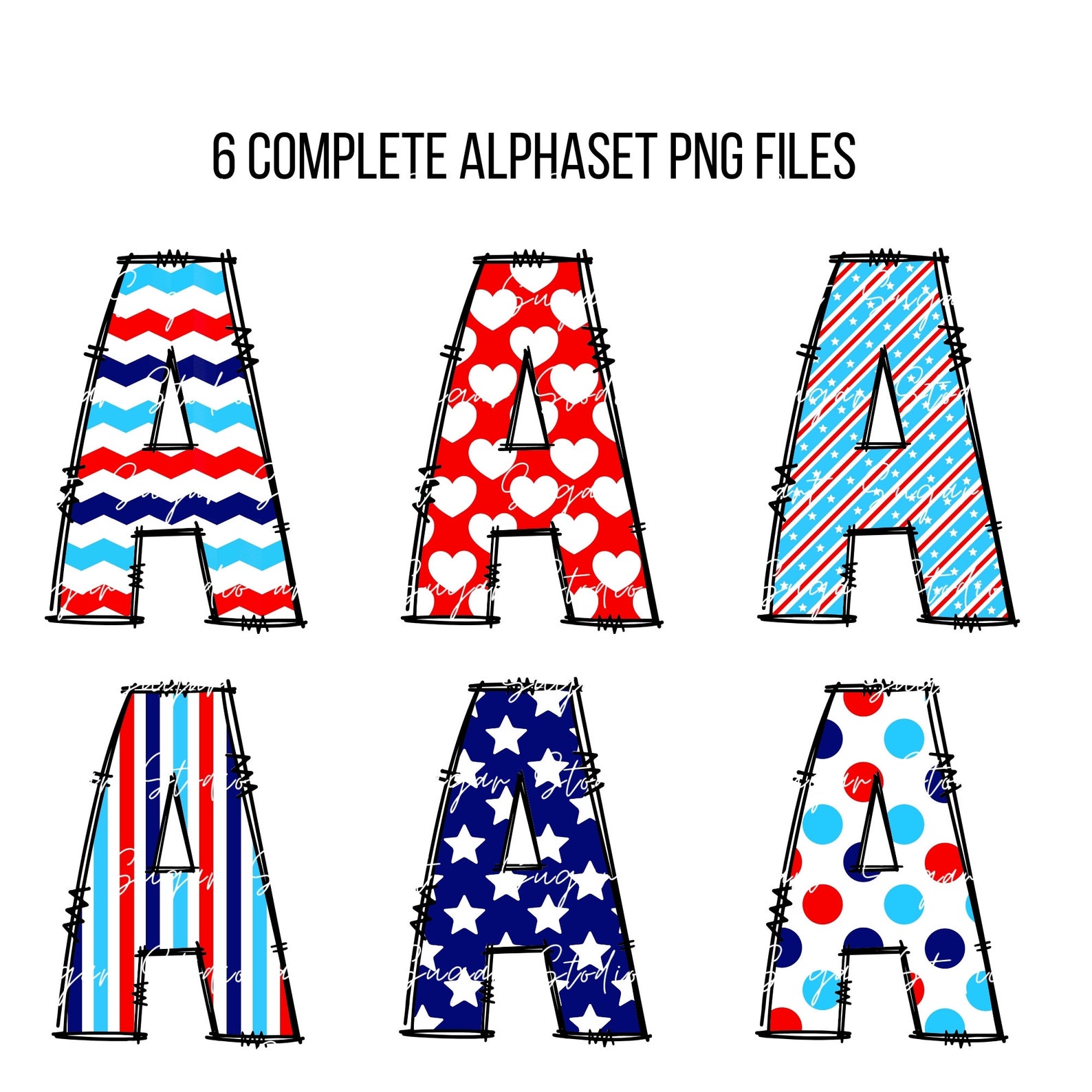 Patriotic Doodle Alphabet Bundle, 4th of July PNG Letters, Numbers ...