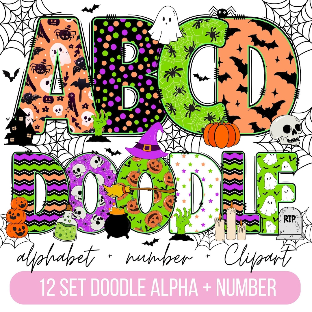 Halloween Doodle Letters PNG Files, Make Your Own Name, Doodle Alpha ...
