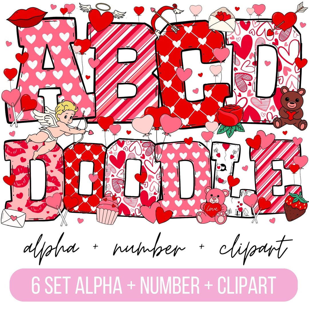 Valentine Doodle Letters, Valentines Alphabet PNG, Valentines Day ...